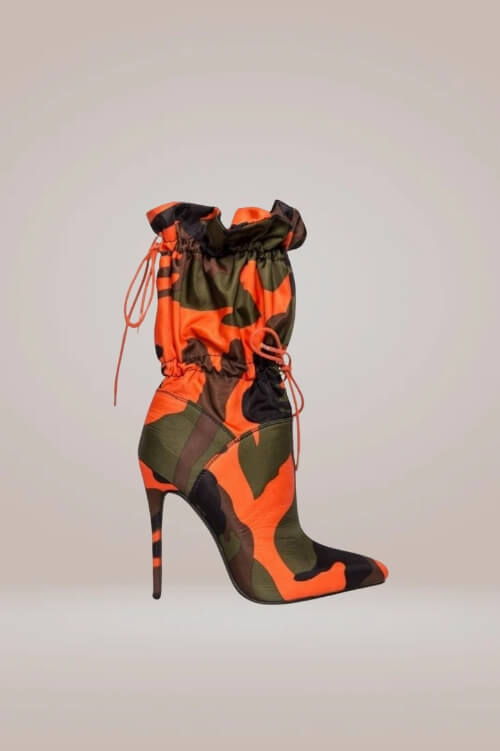 Handmade Camo Lace Up Orange Stiletto High Heel Ankle Boots - TGC Boutique