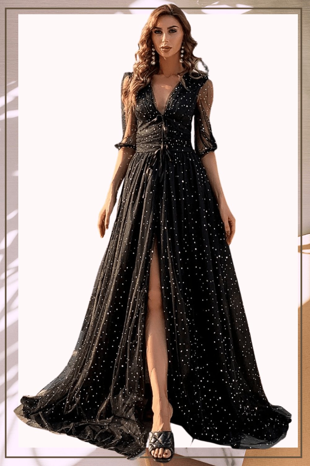 Starry Night Fit And Flare Long Sleeve Waist Fitted High Slit Maxi Star ...