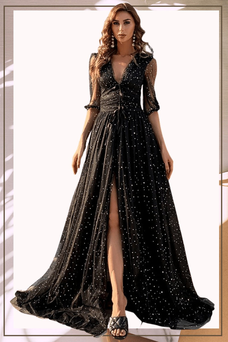 Starry Night Fit And Flare Long Sleeve Waist Fitted High Slit Maxi Star ...